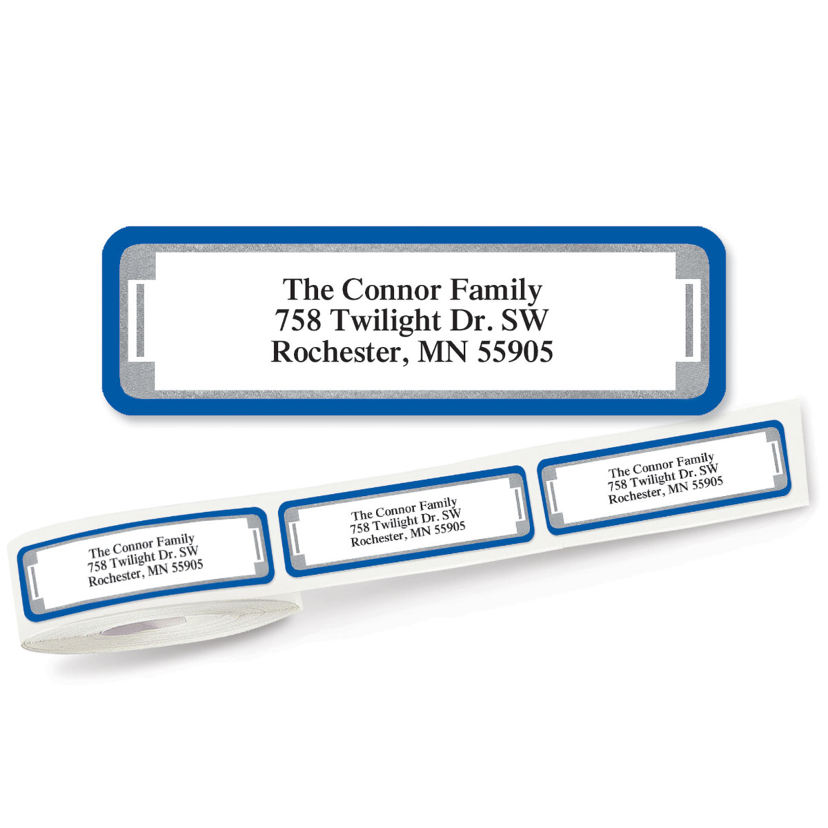 Blue and Silver Rolled Address Labels - Roll of 500 | Colorful Images