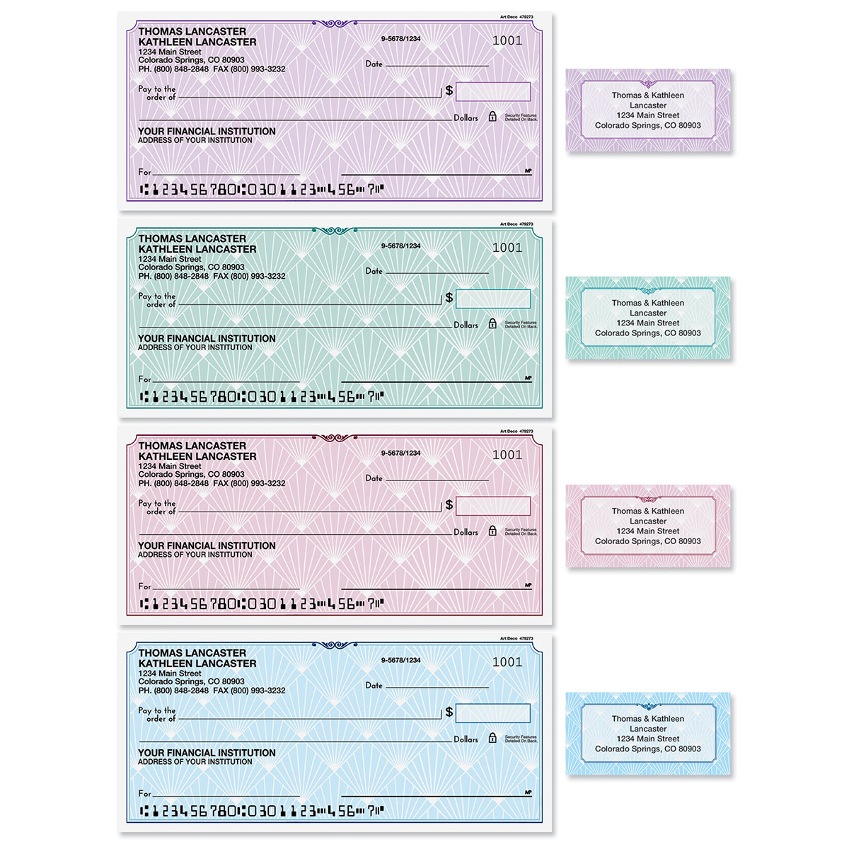 Art Deco Personal Single Checks with Matching Address Labels | Colorful ...
