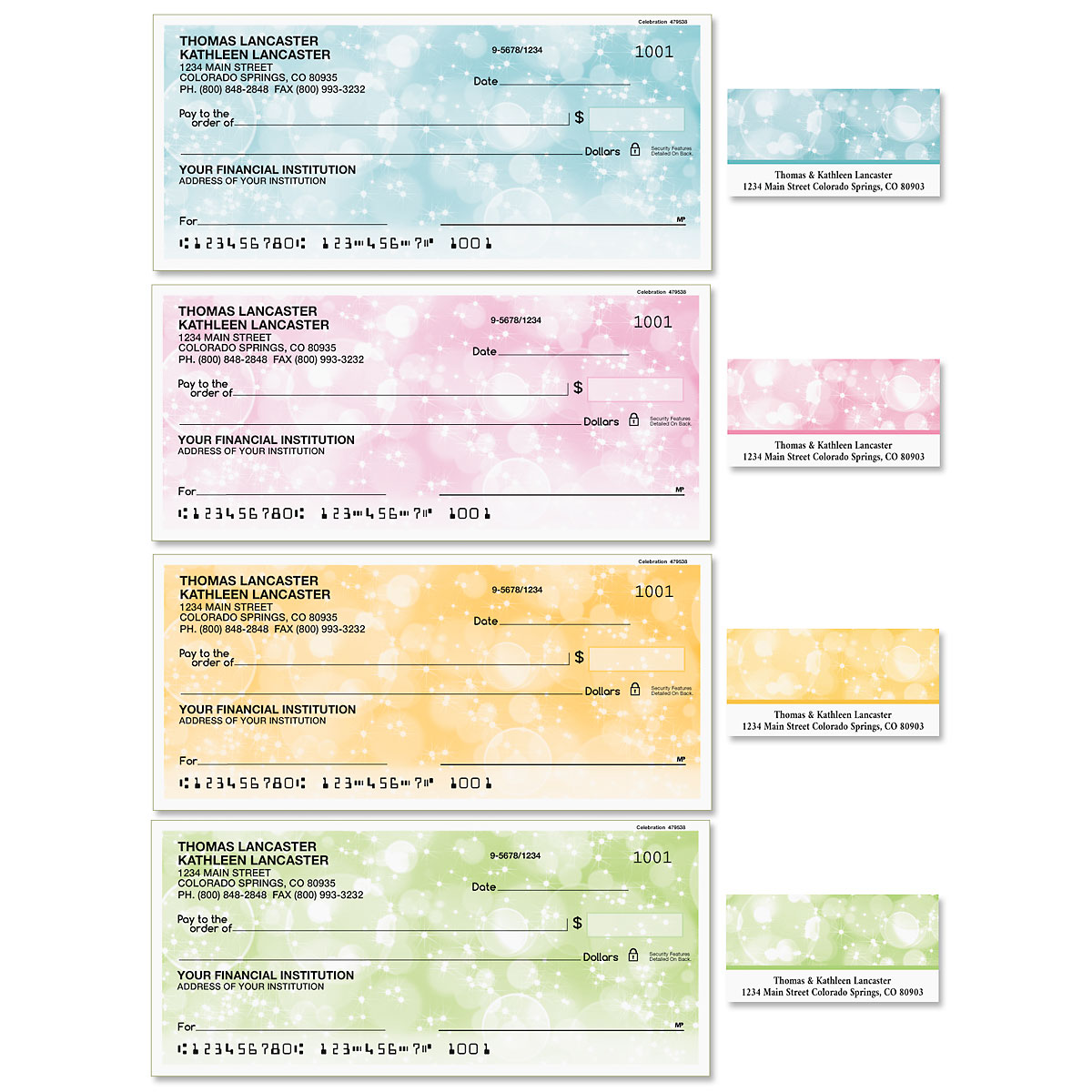 Celebration Duplicate Checks with Matching Labels | Colorful Images