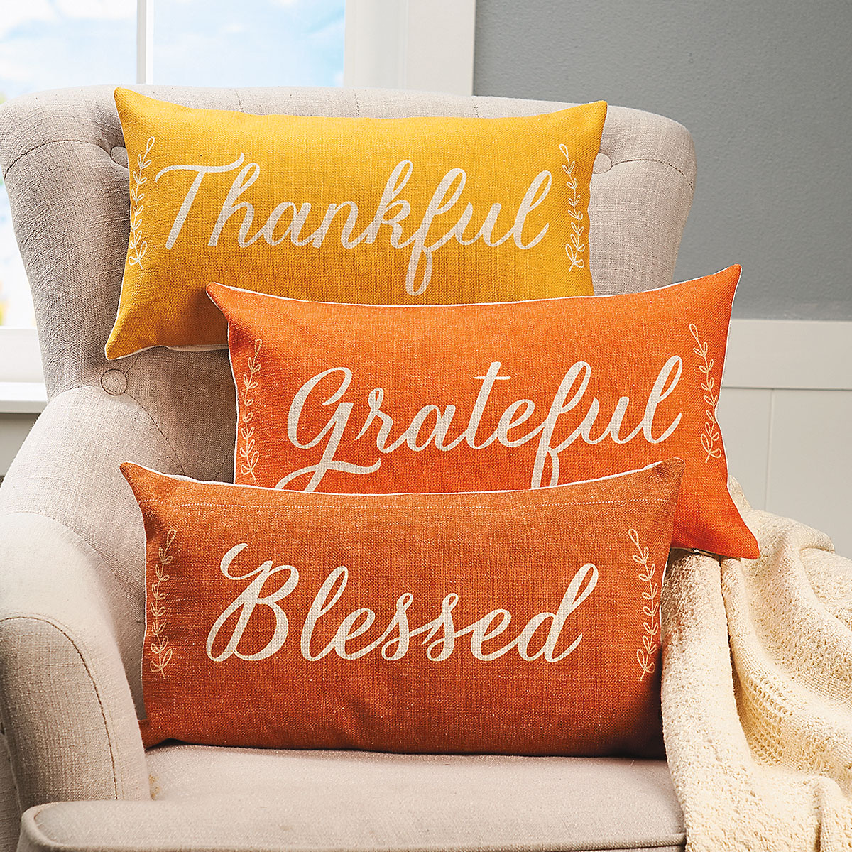 Thankful, Grateful, Blessed Pillows | Colorful Images