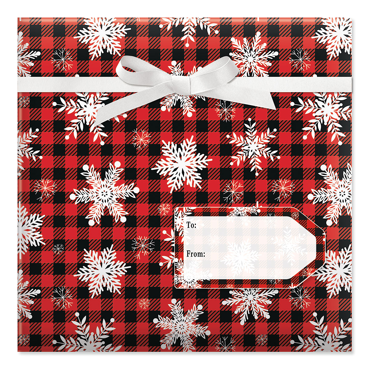 Snowflakes on Plaid Jumbo Rolled Gift Wrap and Labels | Colorful Images
