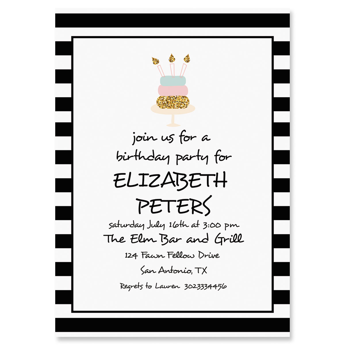 Custom Stripe with Cake Invitation - Heavy Weight Stock | Colorful Images