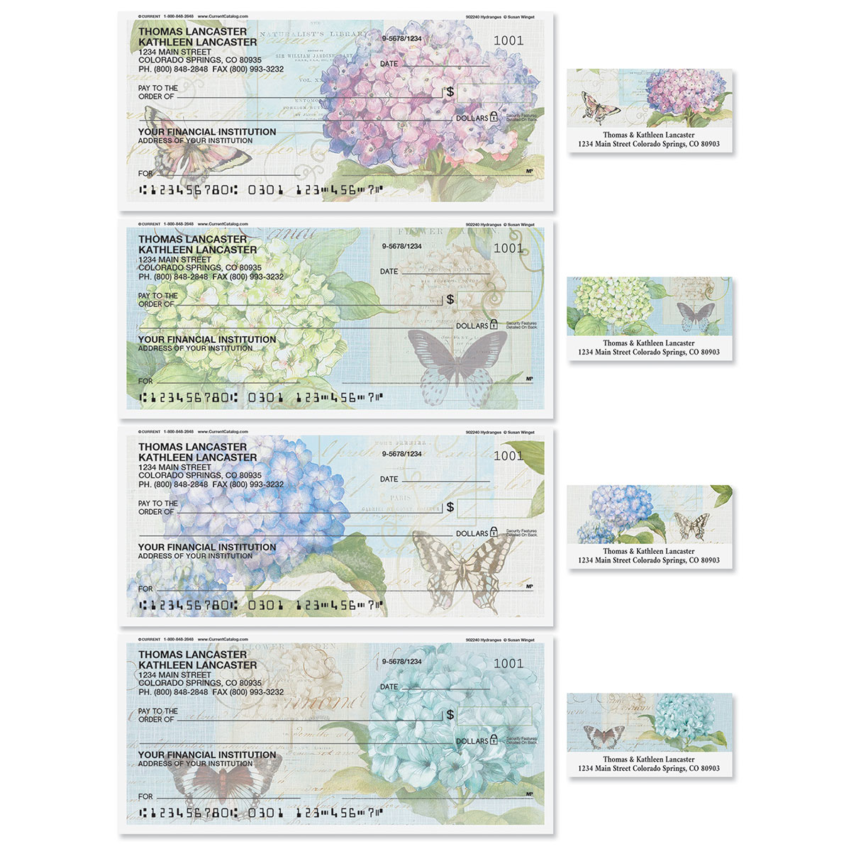 Hydrangea Personal Duplicate Checks With Matching Address Labels | Colorful Images