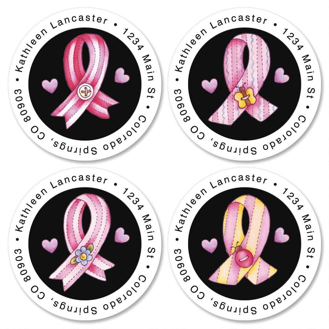 Pink Ribbon Breast Cancer Round Return Address Labels | Colorful Images