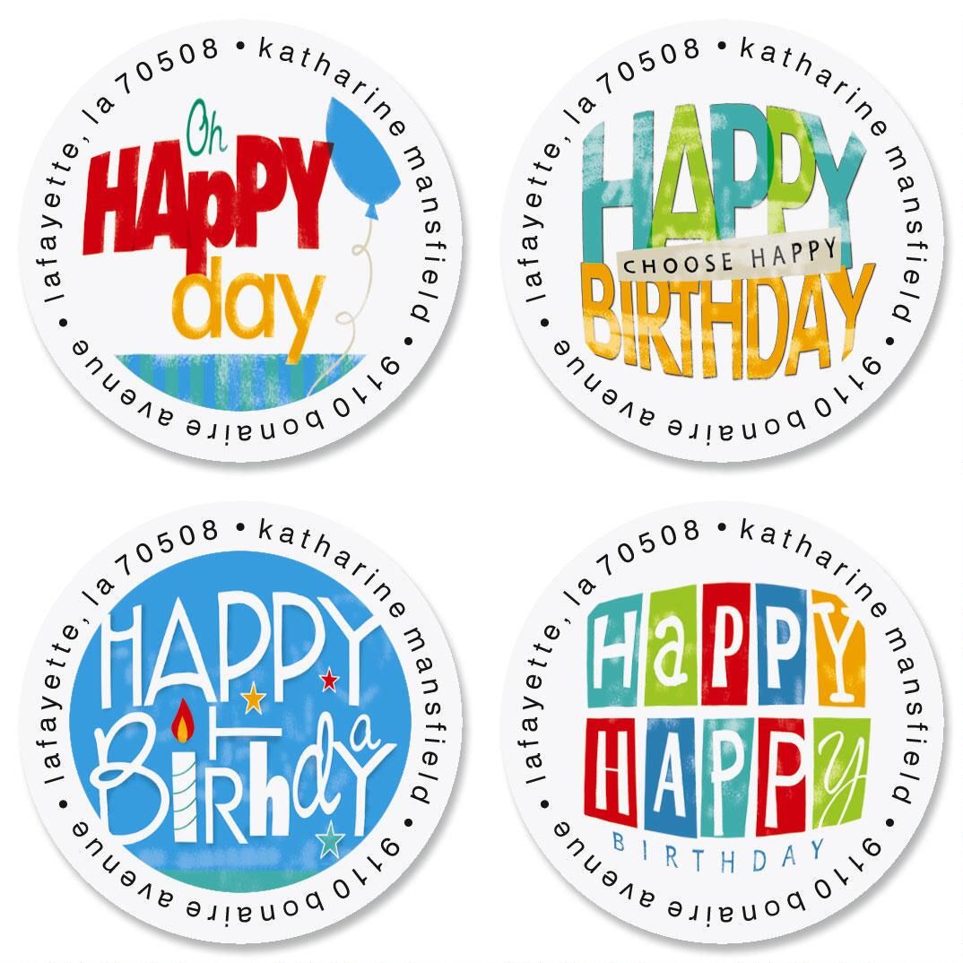 Happy Birthday Round Return Address Labels 4 Designs Colorful Images