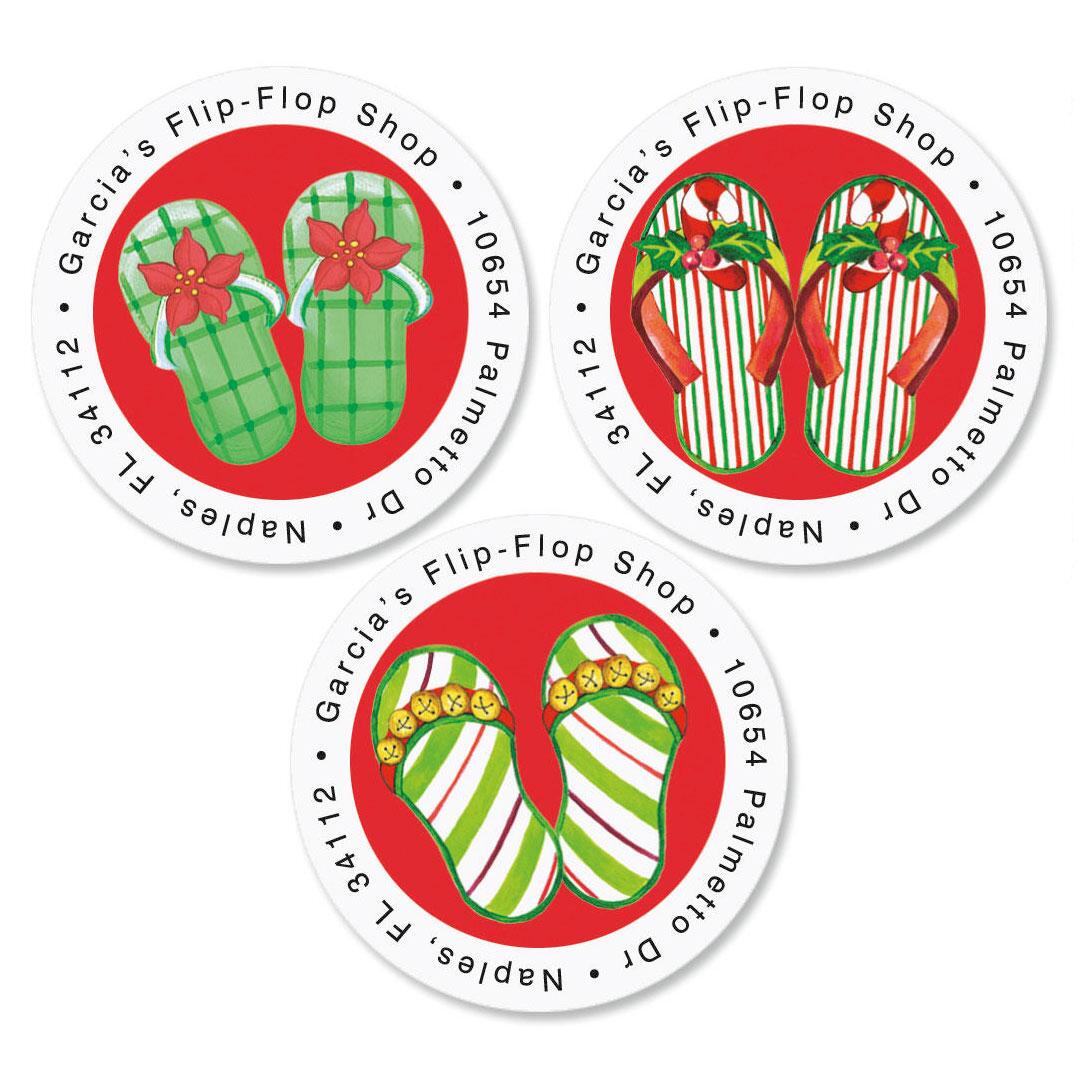 Christmas Flip Flops Round Return Address Labels | Colorful Images