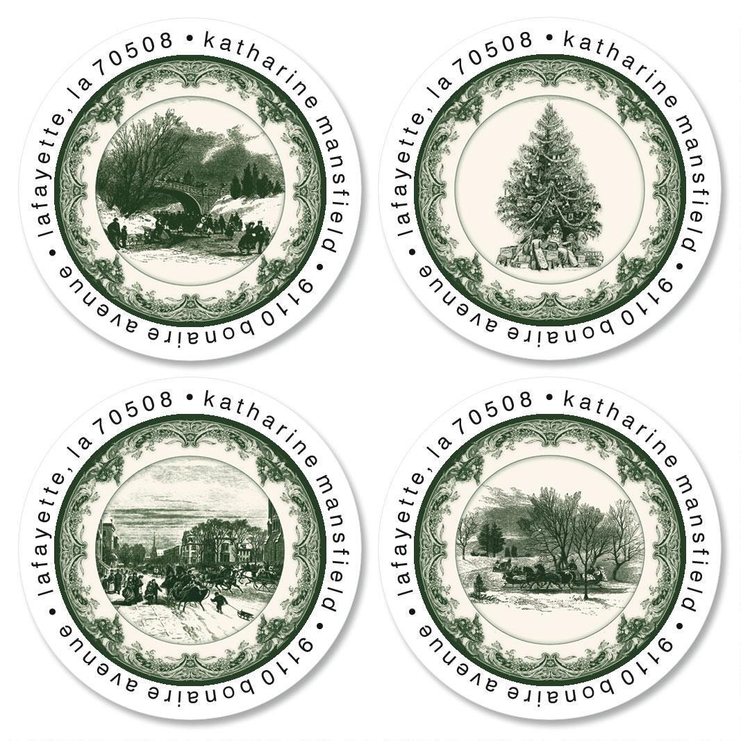 Christmas Toile Round Return Address Labels | Colorful Images
