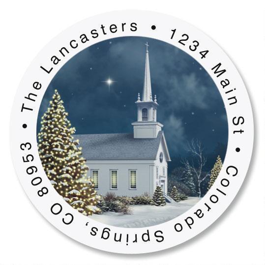 Church at Christmas Round Return Address Labels | Colorful Images