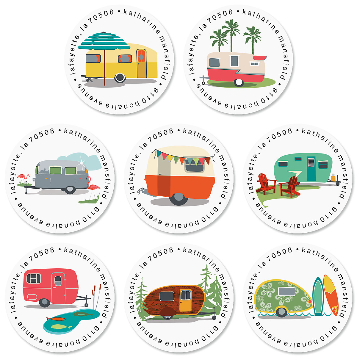 Happy Camper Round Return Address Labels (8 Designs) | Colorful Images