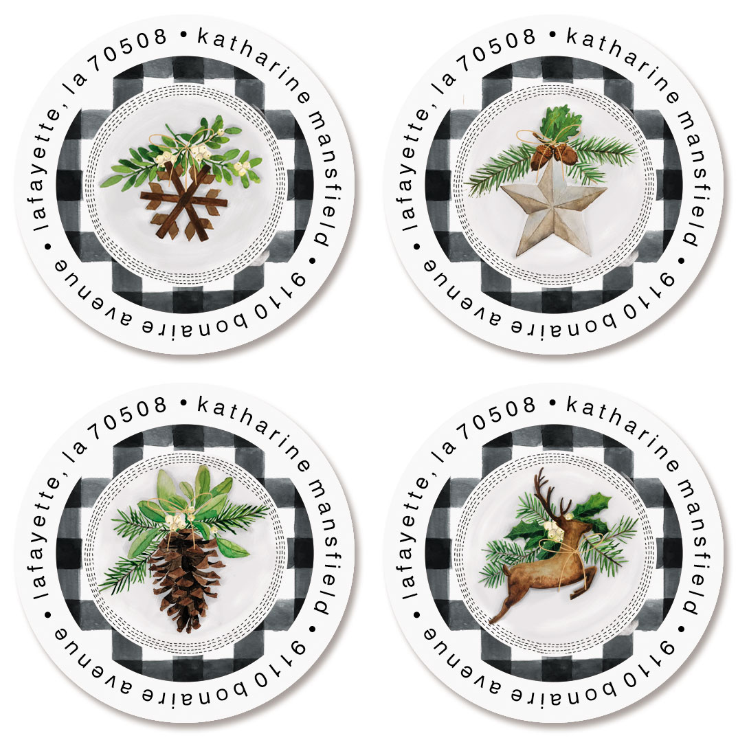 Gingham Christmas Round Return Address Labels (4 Designs) | Colorful Images