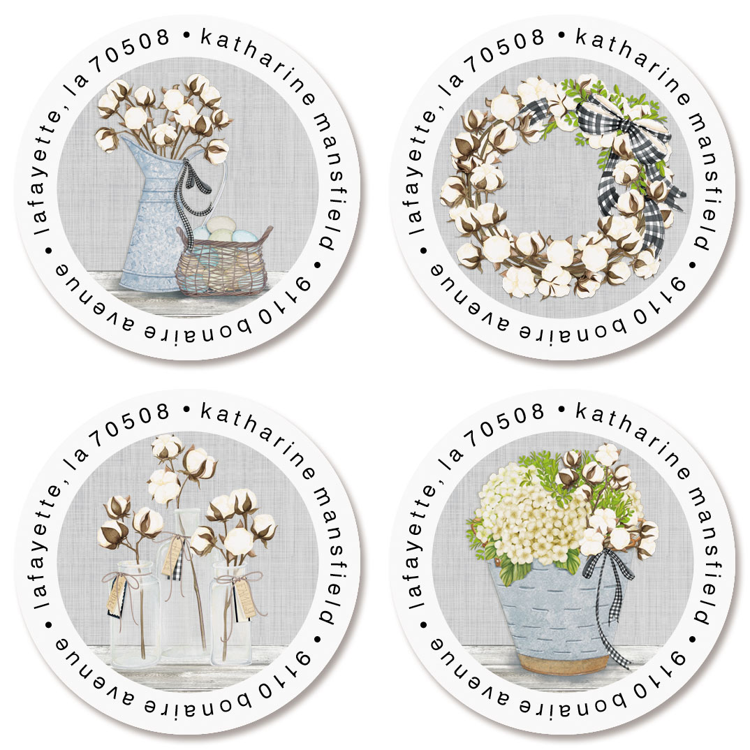 Country Cotton Round Return Address Labels (4 Designs) | Colorful Images