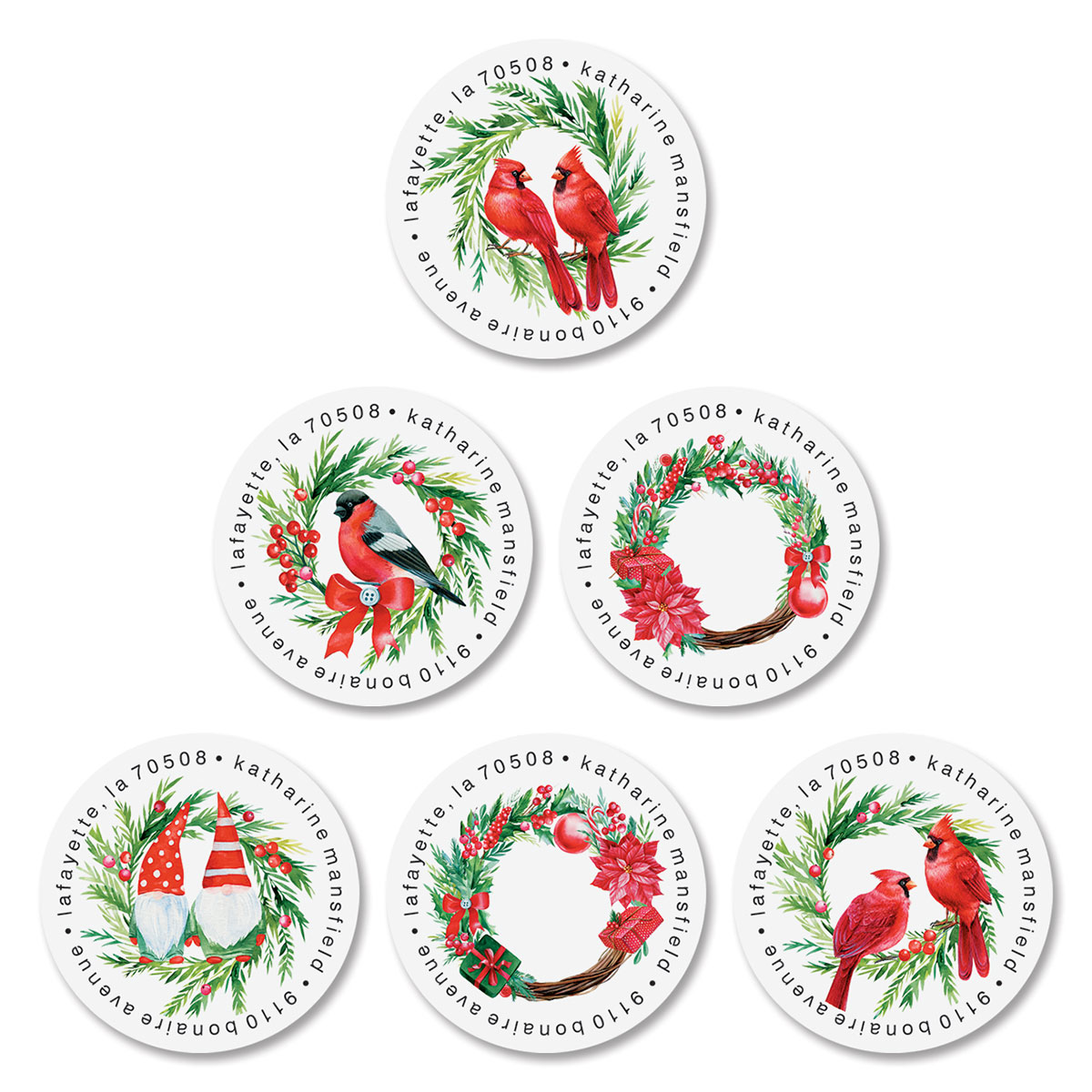 Holiday Wreaths Round Return Address Labels (6 Designs) | Colorful Images
