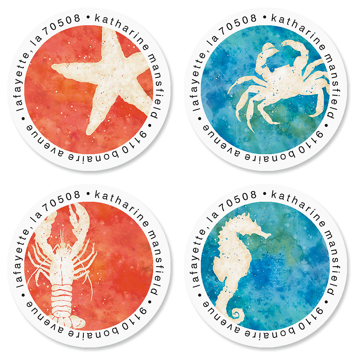 Watercolor Coast Round Return Address Labels (4 Designs) | Colorful Images
