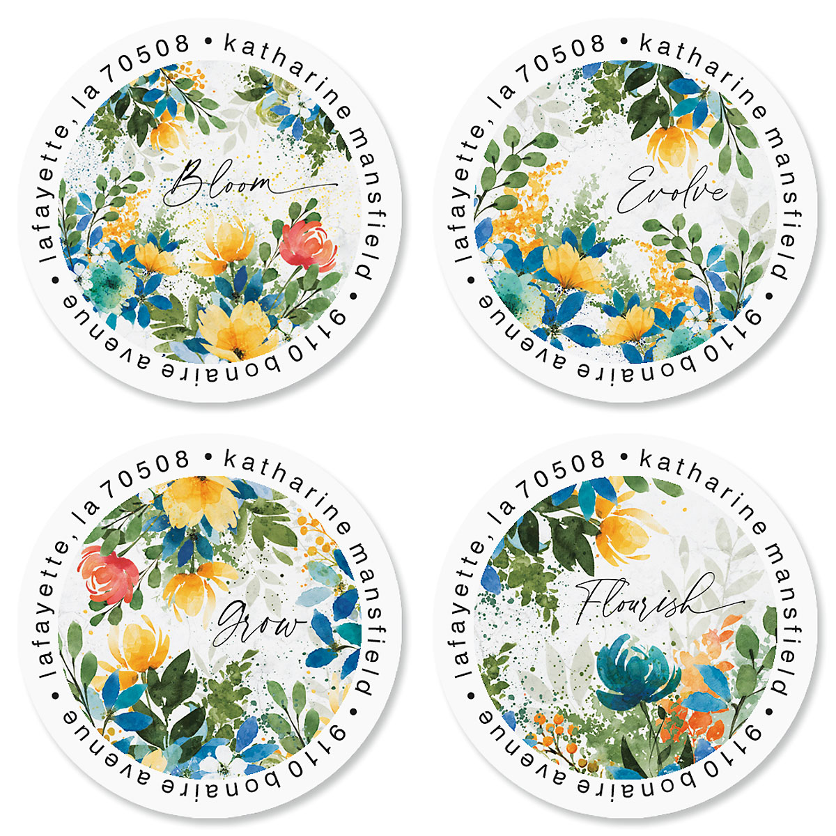 Morning Garden Round Return Address Labels (4 Designs) | Colorful Images