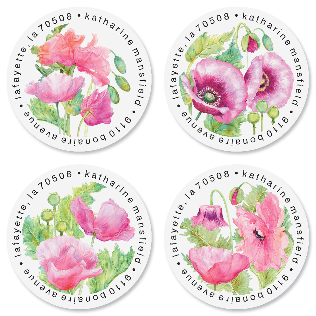 Pink Poppies Round Return Address Labels (4 Designs) | Colorful Images