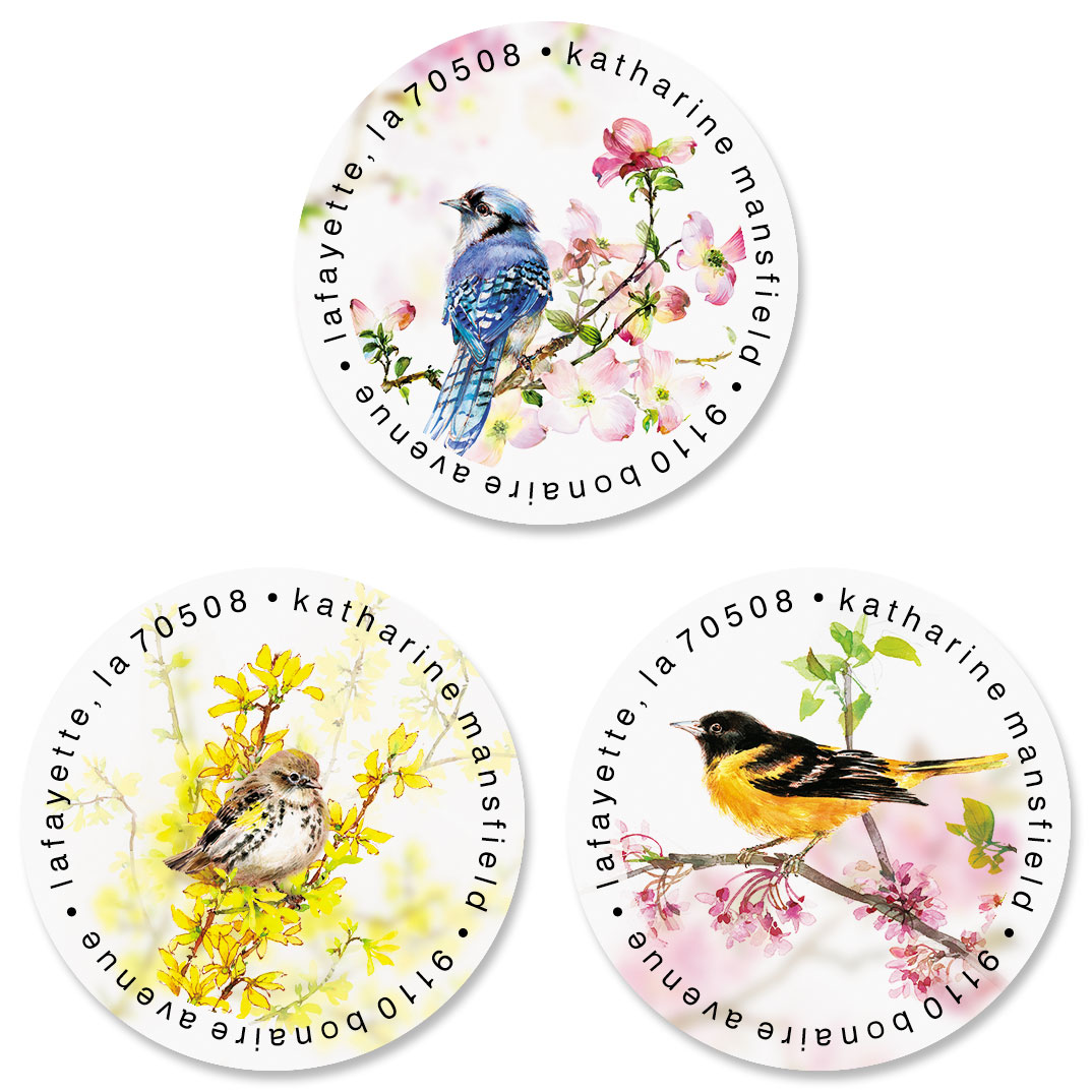 Spring Birds Round Return Address Labels (4 Designs) | Colorful Images