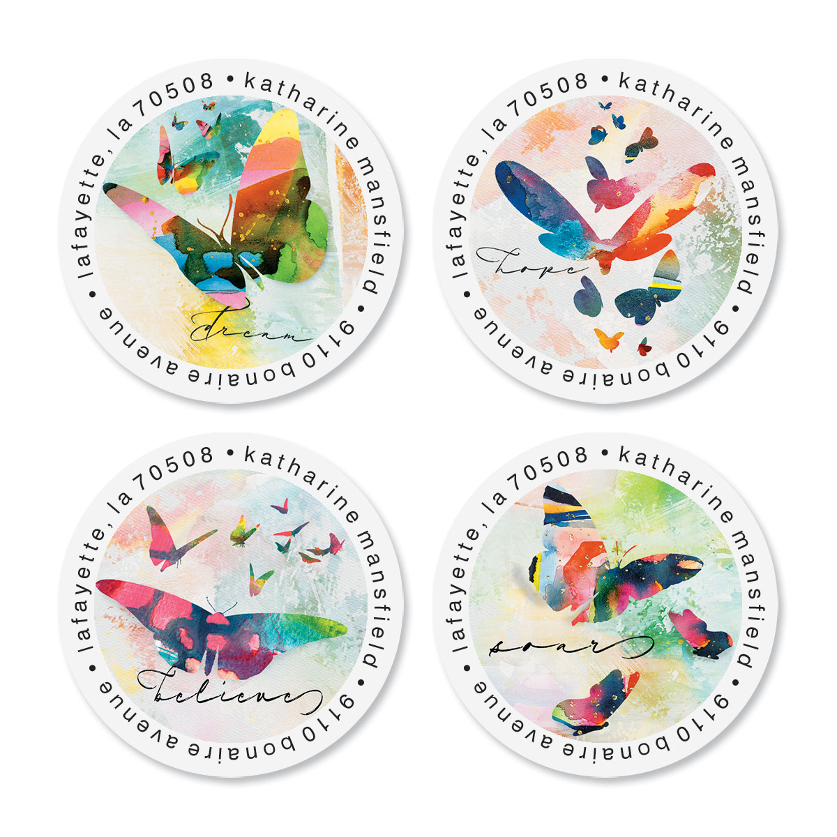 Flutterbye Round Return Address Labels (4 Designs) | Colorful Images