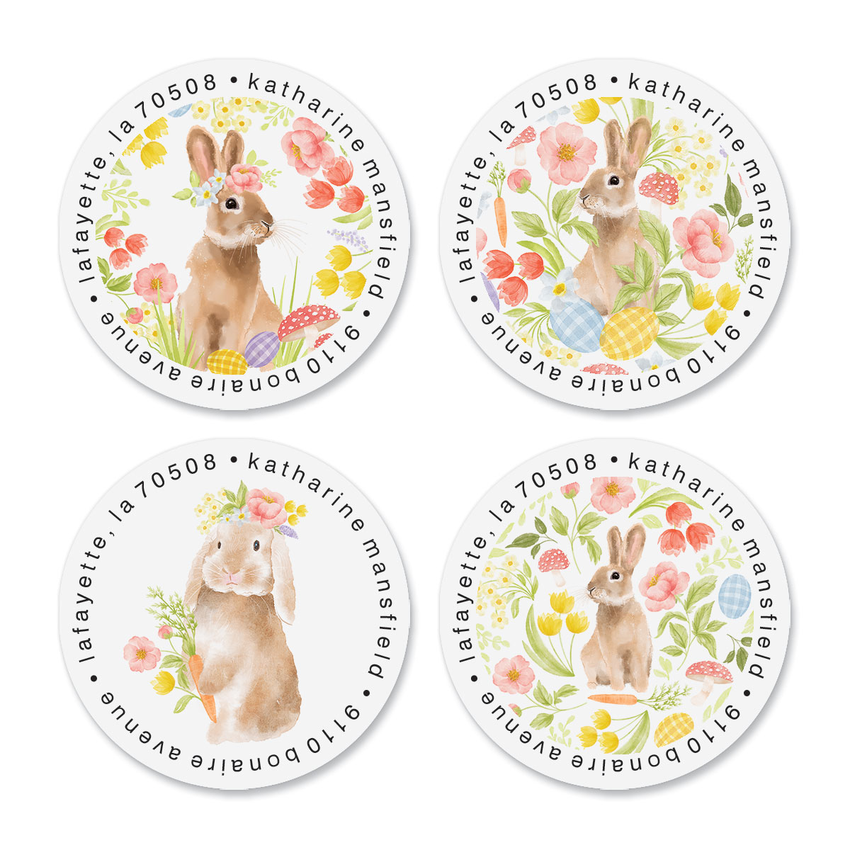 Floral Bunnies Round Return Address Labels (4 Designs) | Colorful Images