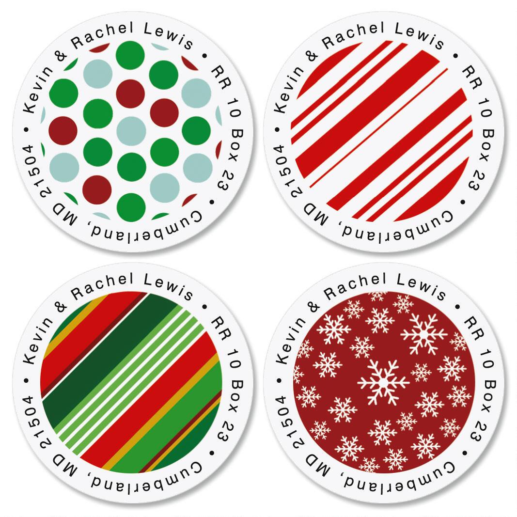 Giftwrapped Christmas Round Return Address Labels | Colorful Images