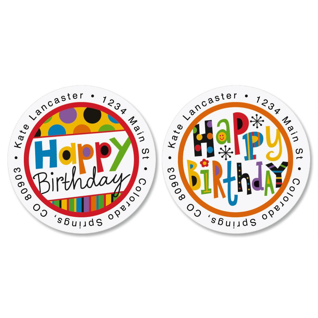 Happy Colorful Birthday Round Return Address Labels (2 Designs ...
