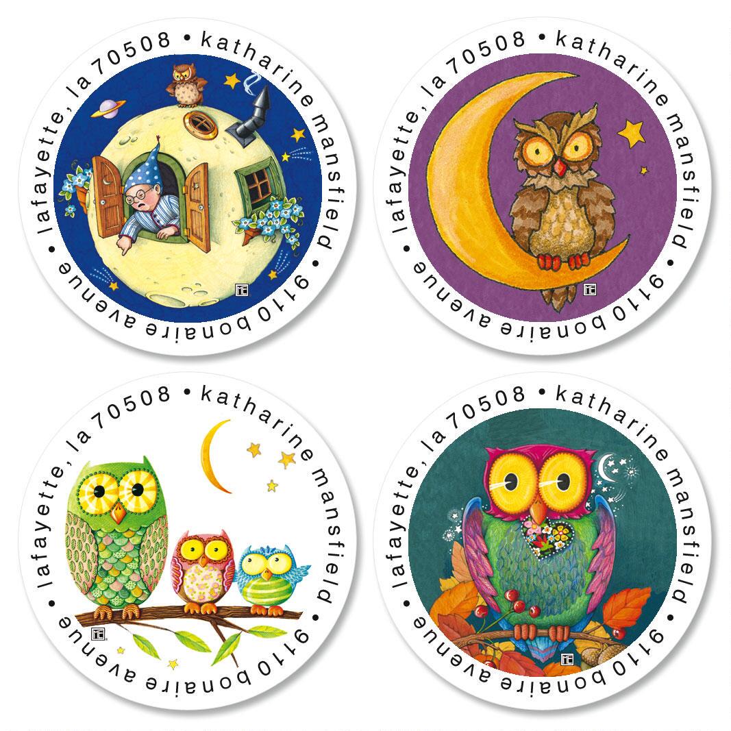 Owl and Moon Round Return Address Labels | Colorful Images