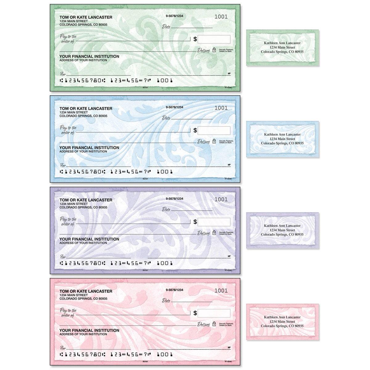Scroll Personal Single Checks with Matching Address Labels | Colorful ...