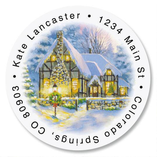 Snowy Cottage Holiday Round Return Address Labels | Colorful Images