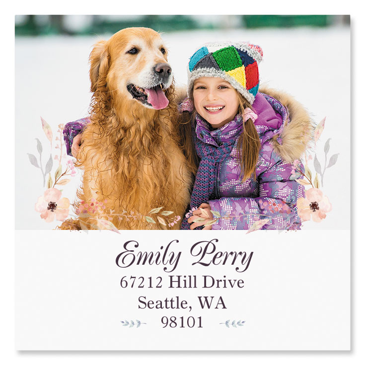 Personalized Floral Large Square Photo Address Label | Colorful Images