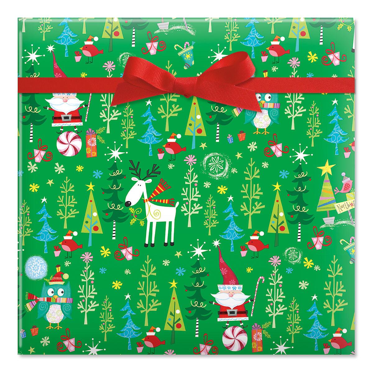 Whimsy Santa & Reindeer Jumbo Rolled Gift Wrap | Colorful Images