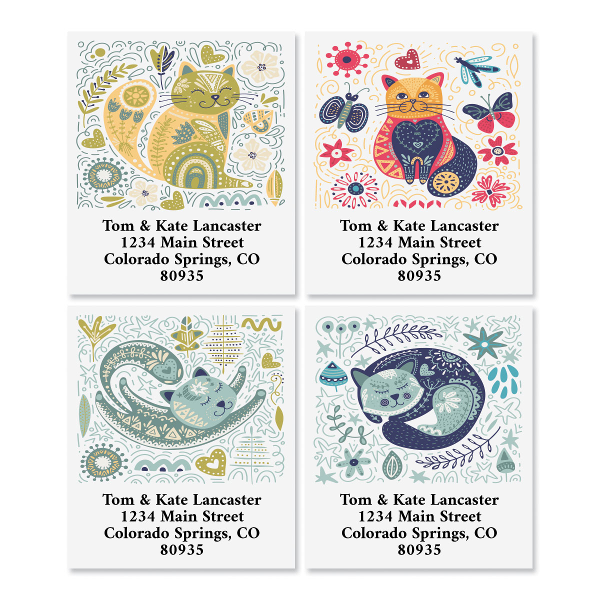 Folk Kitty Select Return Address Labels (4 Designs) | Colorful Images