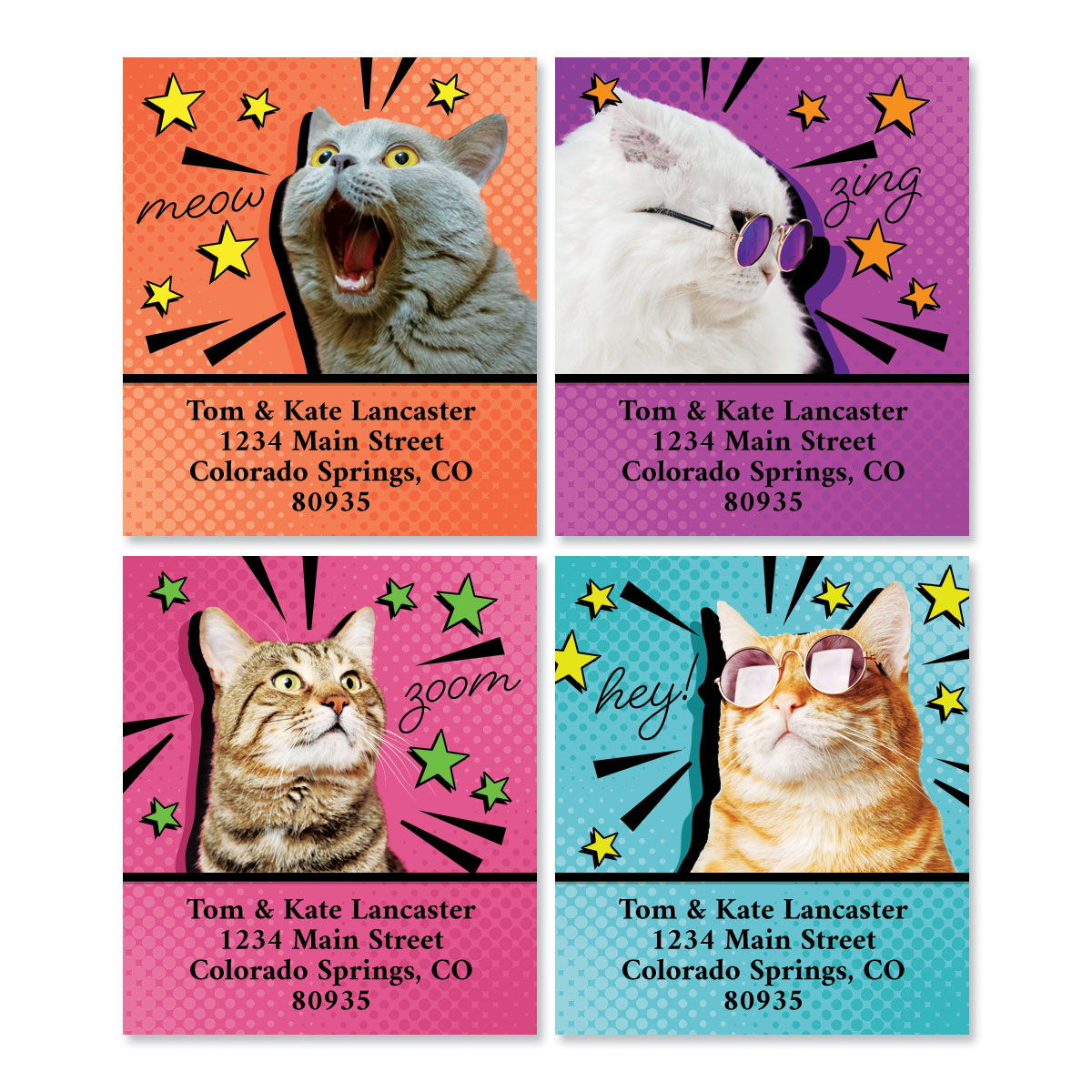 Retro Cat Select Return Address Labels (4 Designs) | Colorful Images
