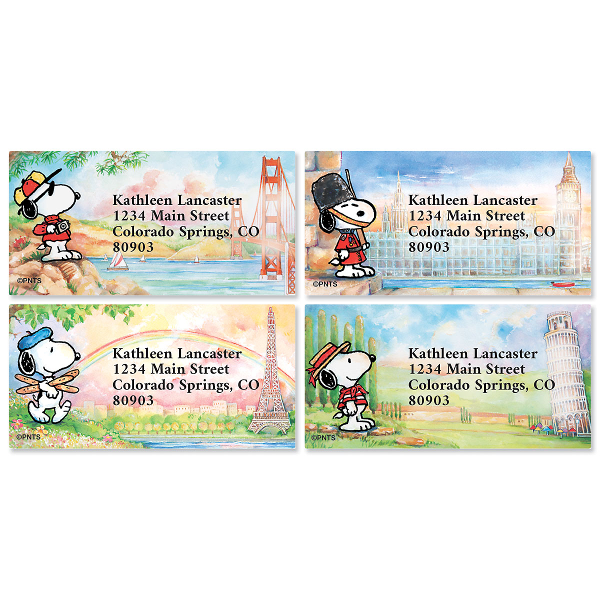 SNOOPY Around the World Border Return Address Labels | Colorful Images
