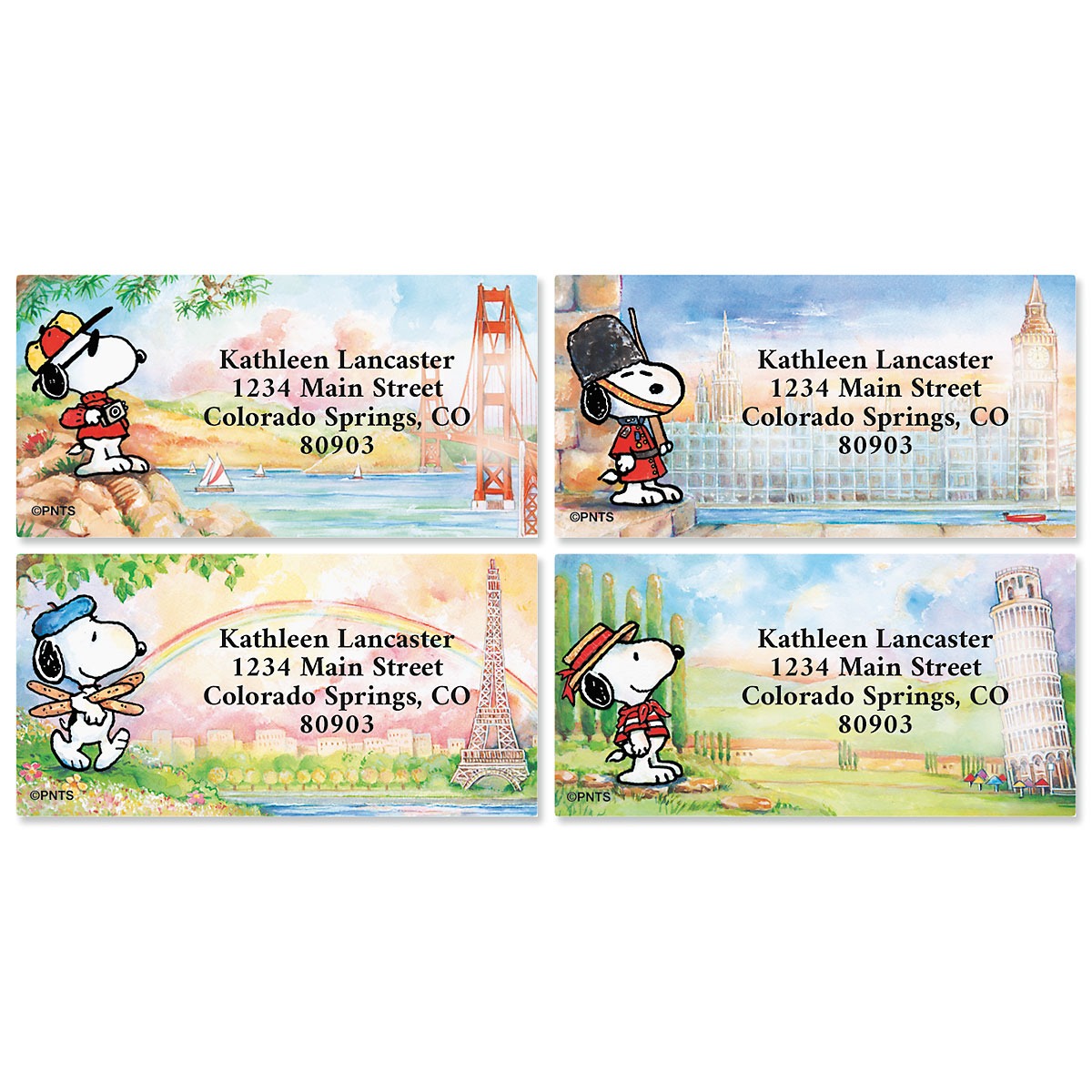 SNOOPY Around the World Border Return Address Labels | Colorful Images